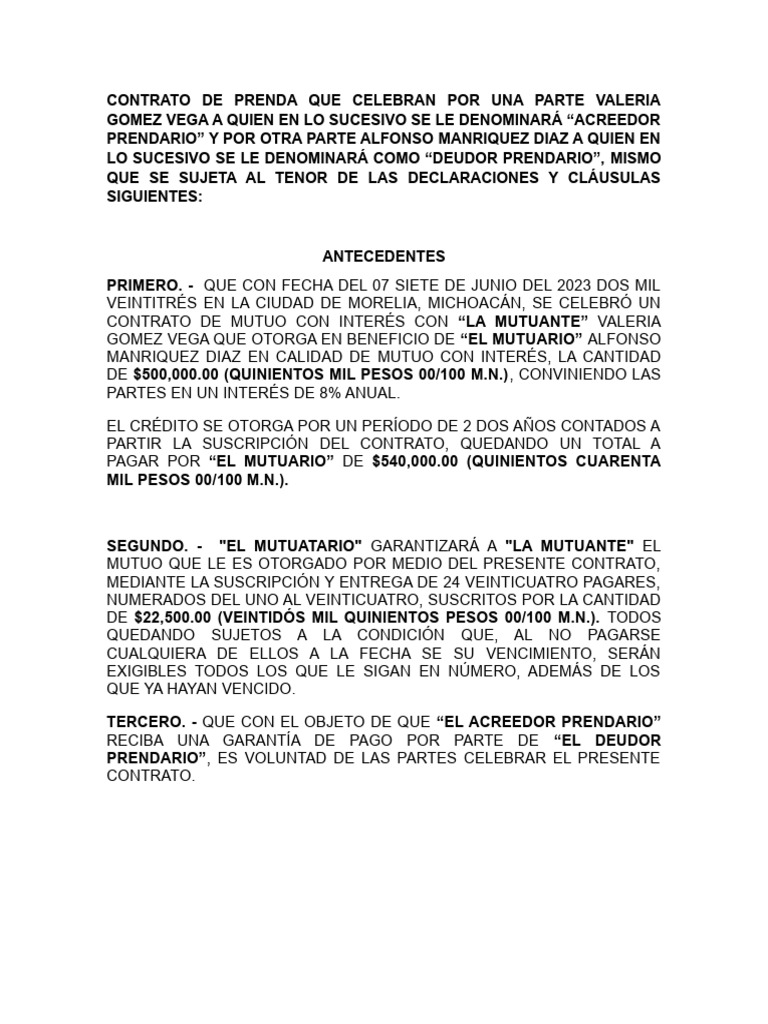 Contrato de Prenda entre Valeria y Alfonso | PDF | Pagos | Derecho ...