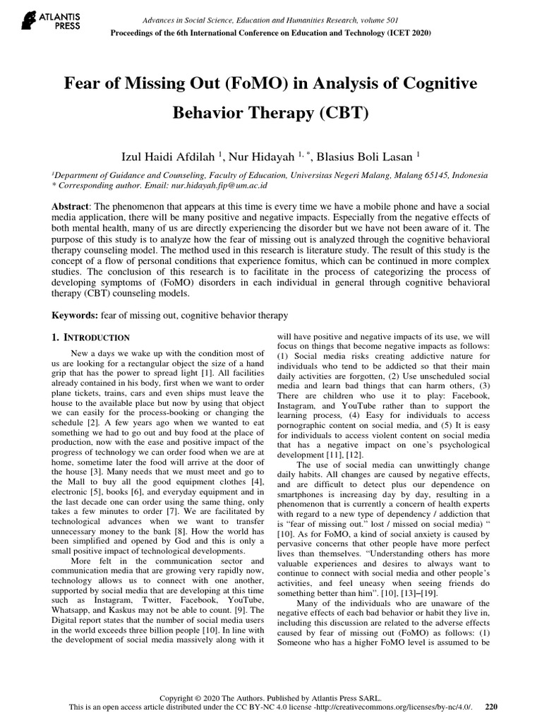 Fear of Missing Out (FoMO) in Analysis of Cognitive Behavior Therapy ...