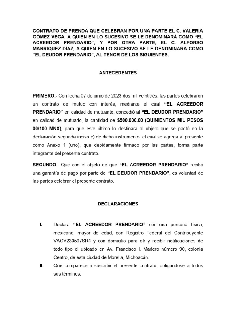 Contrato de Prenda: Valeria y Alfonso | PDF | Propiedad | Derecho privado