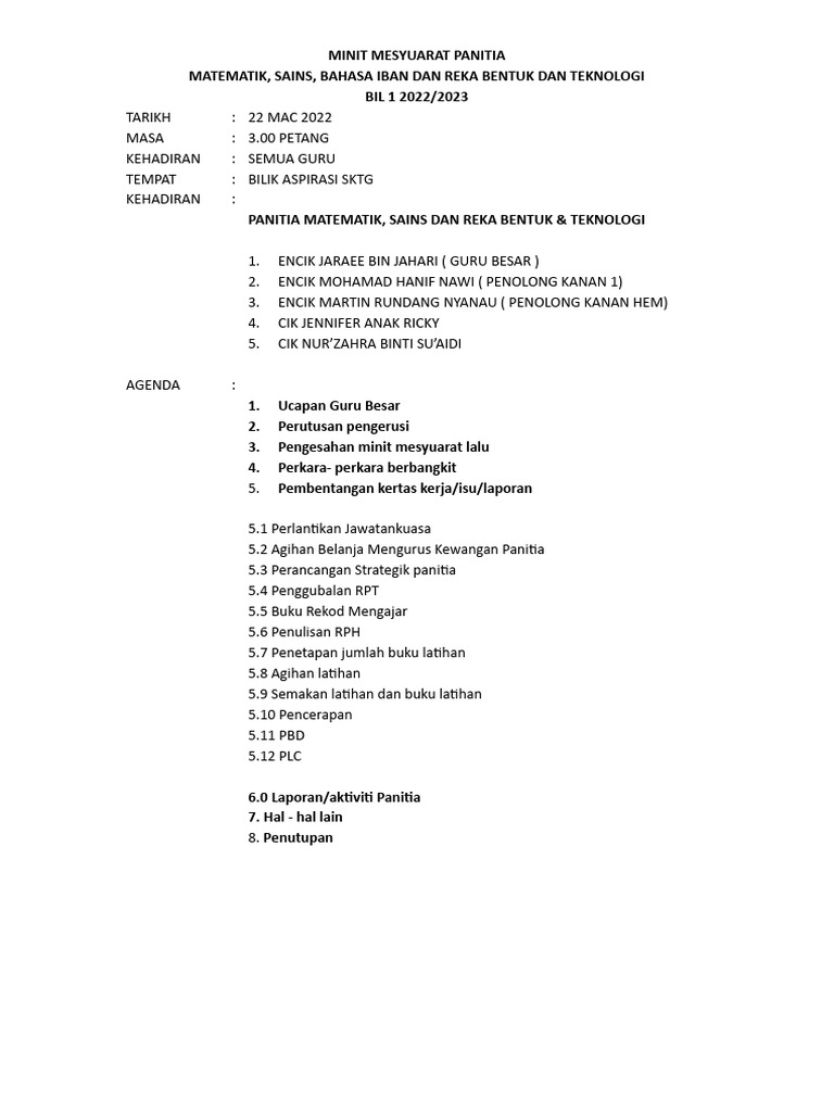 MINIT MESYUARAT PANITIA Bil 1 (2022:2023) | PDF
