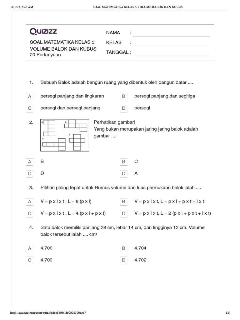 SOAL MATEMATIKA KELAS 5 VOLUME BALOK DAN KUBUS | PDF