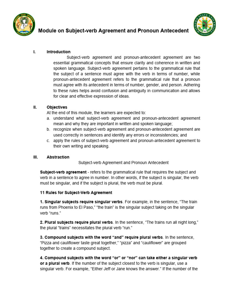 Module On Subject Verb Agreement and Pronoun Antecedent | PDF | Grammatical Number | Grammatical ...