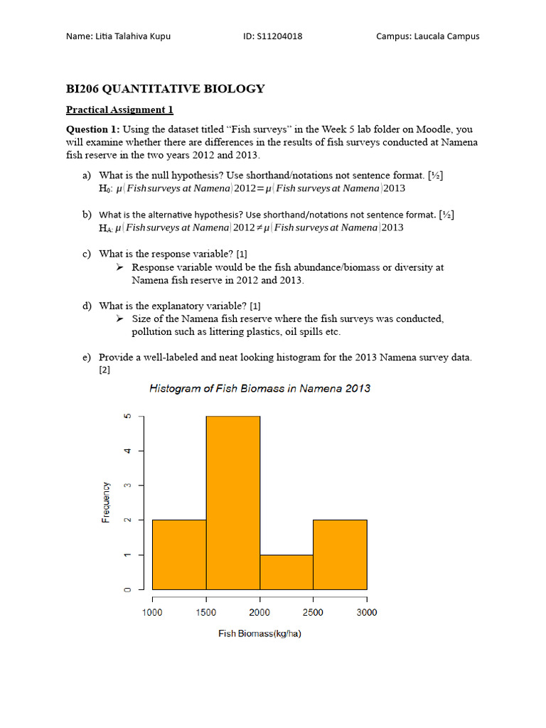 BI206 Practical Assignment 1 | PDF | P Value | Student's T Test BI206 Practical Assignment 1 | PDF | P Value | Student's T Test