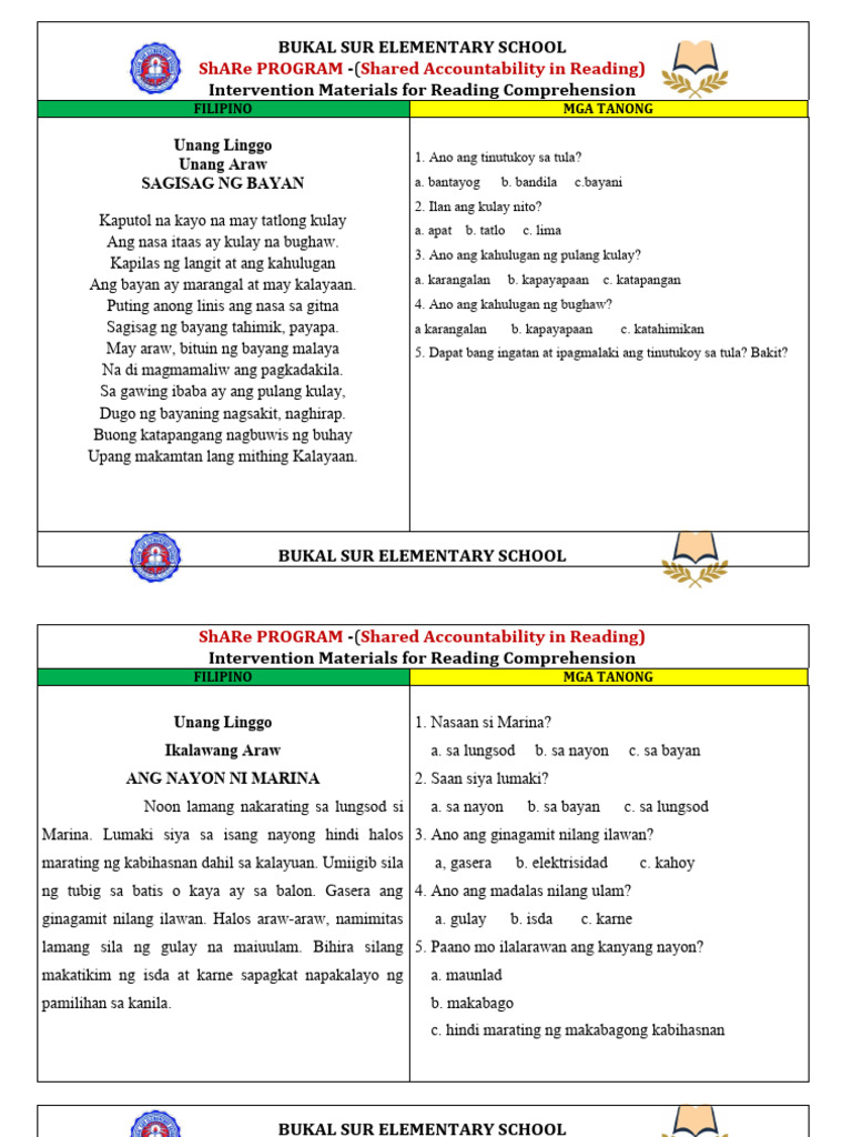 Week 1 Intervention Reading Materials Eng Fil Pdf