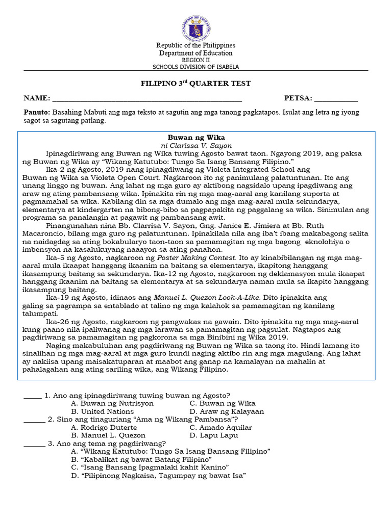 3rd Quarter FILIPINO-2023 | PDF