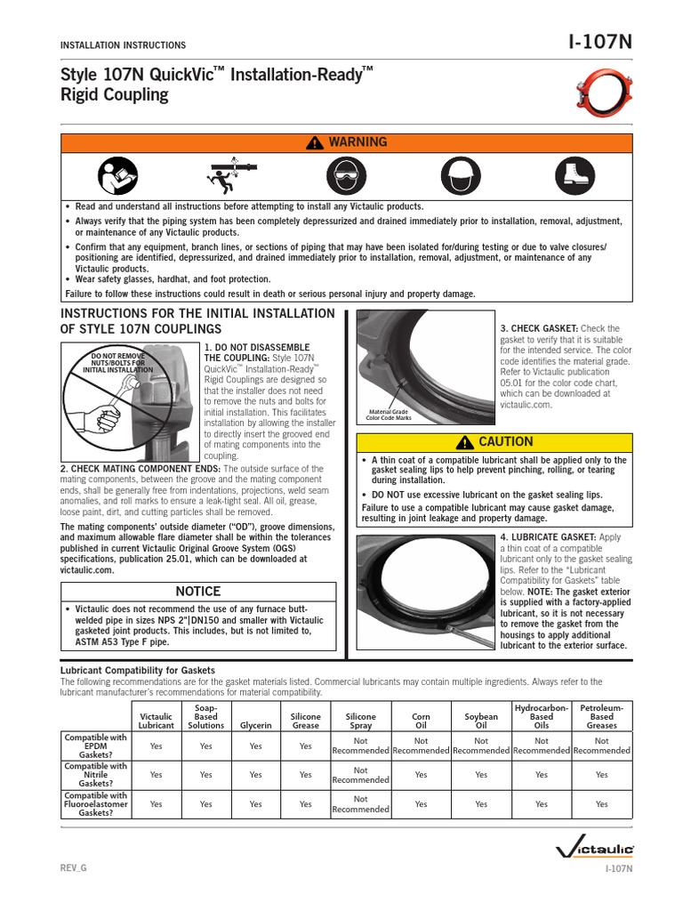 Style 107N Quickvic Installation-Ready Rigid Coupling: Warning | PDF