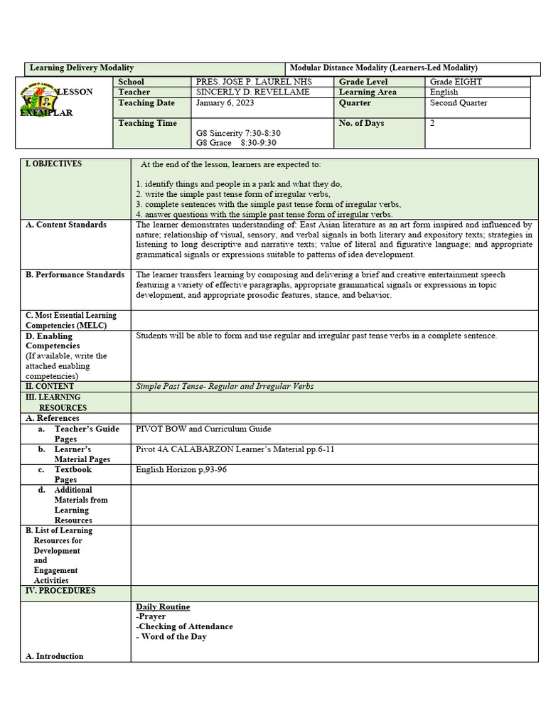Regular and Irregular Verbs Lesson Plan | PDF