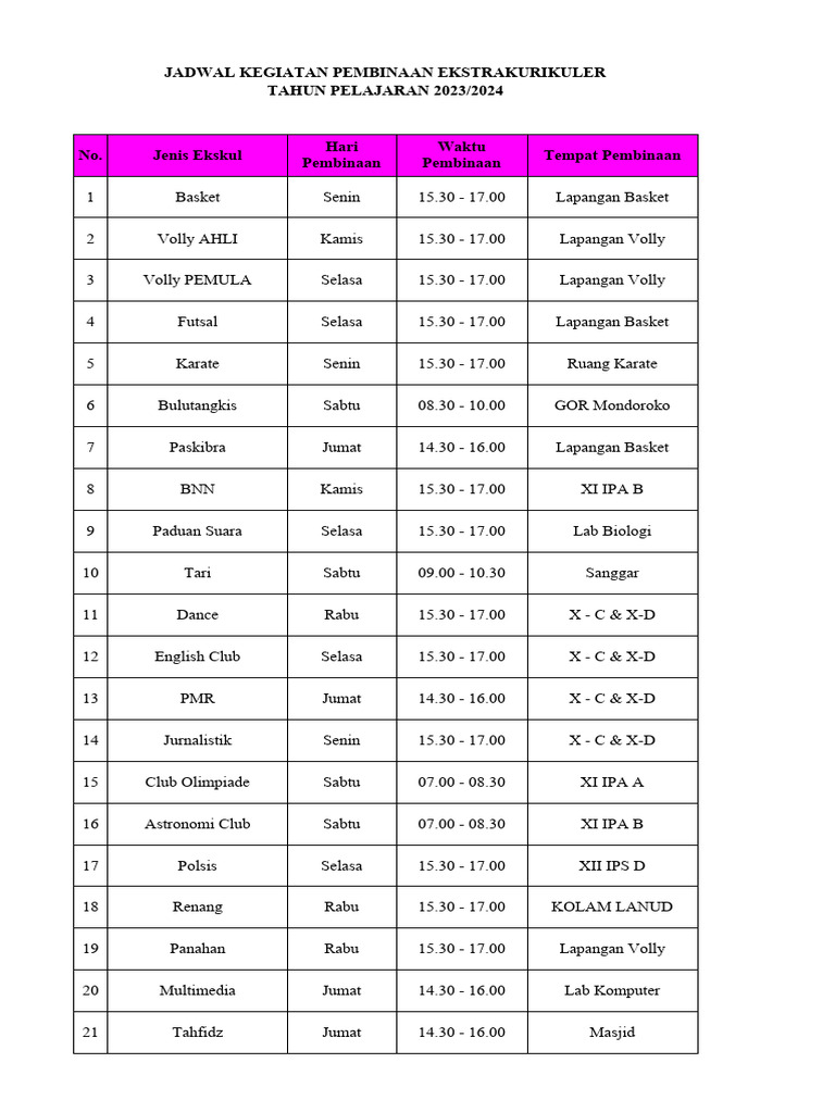 Jadwal Ekskul 2023-2024 | PDF