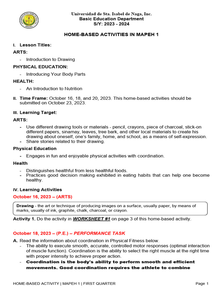 Homebased Activity in Mapeh 1 | PDF | Drawing | Physical Education