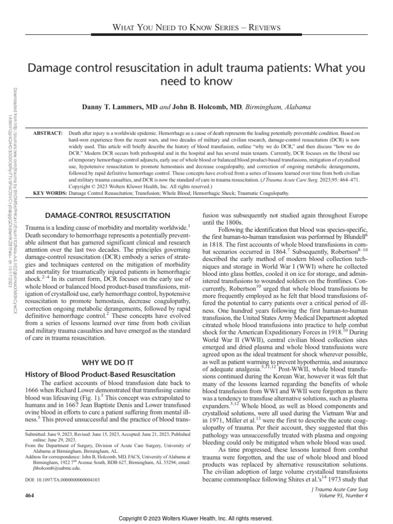 Damage Control Resuscitation in Adult Trauma.3 | PDF