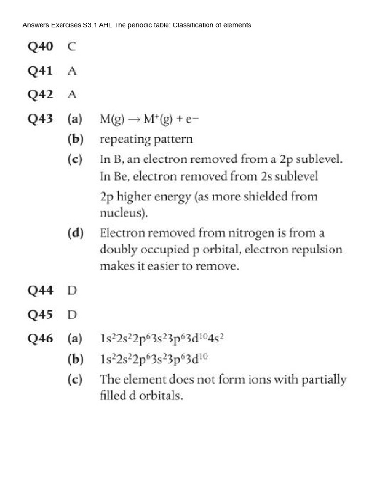 Answers Exercises S3.1 AHL The Periodic Table Classification of ...