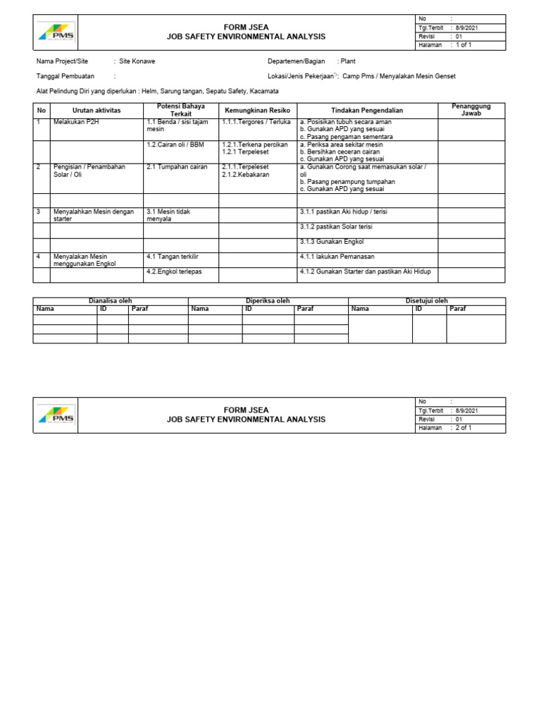 JSA Mengidupkan Mesin Genset | PDF