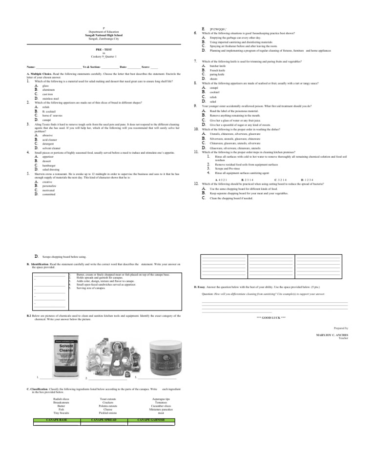 SUMMATIVE TEST - Cookery - 9 - Quarter - 1 | PDF | Tableware | Kitchen ...