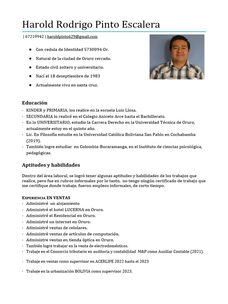 Perfil Profesional de Harold Pinto Escalera | PDF
