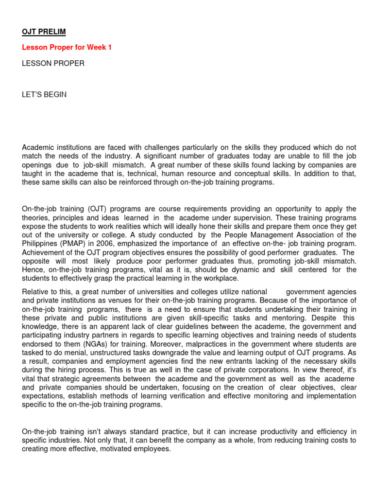 Ojt Prelim LMS Lesson Proper | PDF | Employment | Cognition