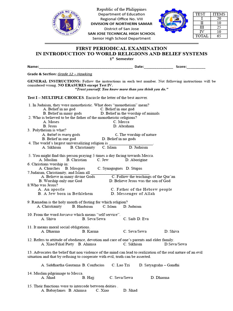 World Religion Test Paper | PDF | Monotheism | God