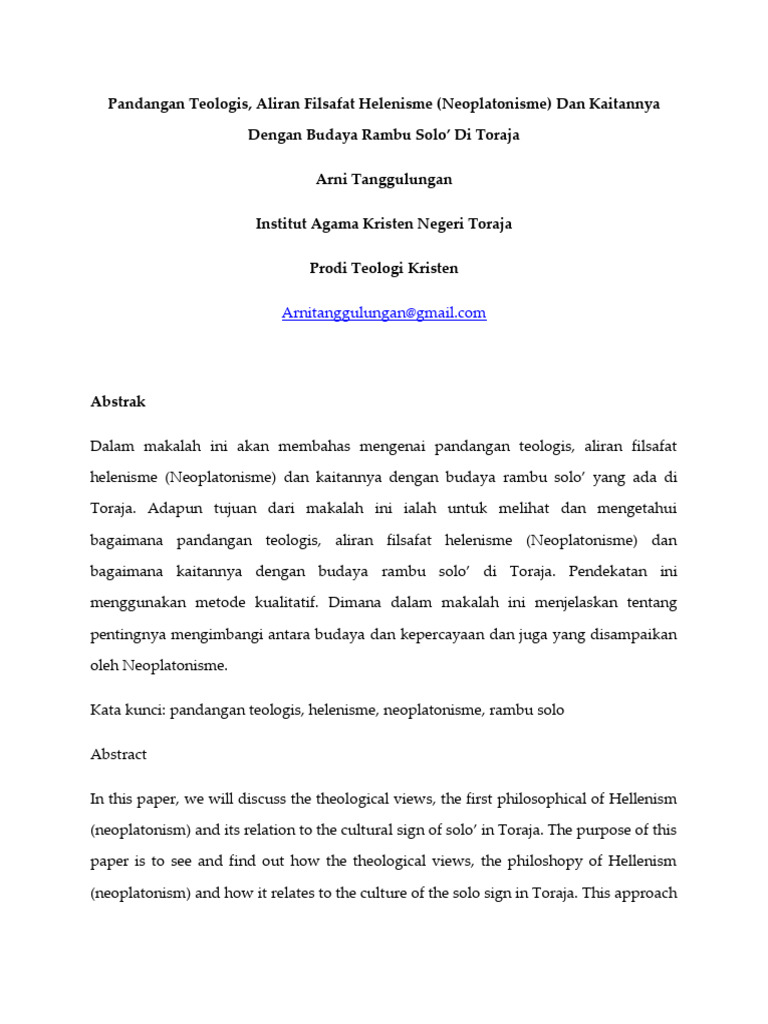 Pandangan Teologis, Aliran Filsafat Helenisme (Neoplatonisme) Dan Kaitannya Dengan Budaya Rambu ...