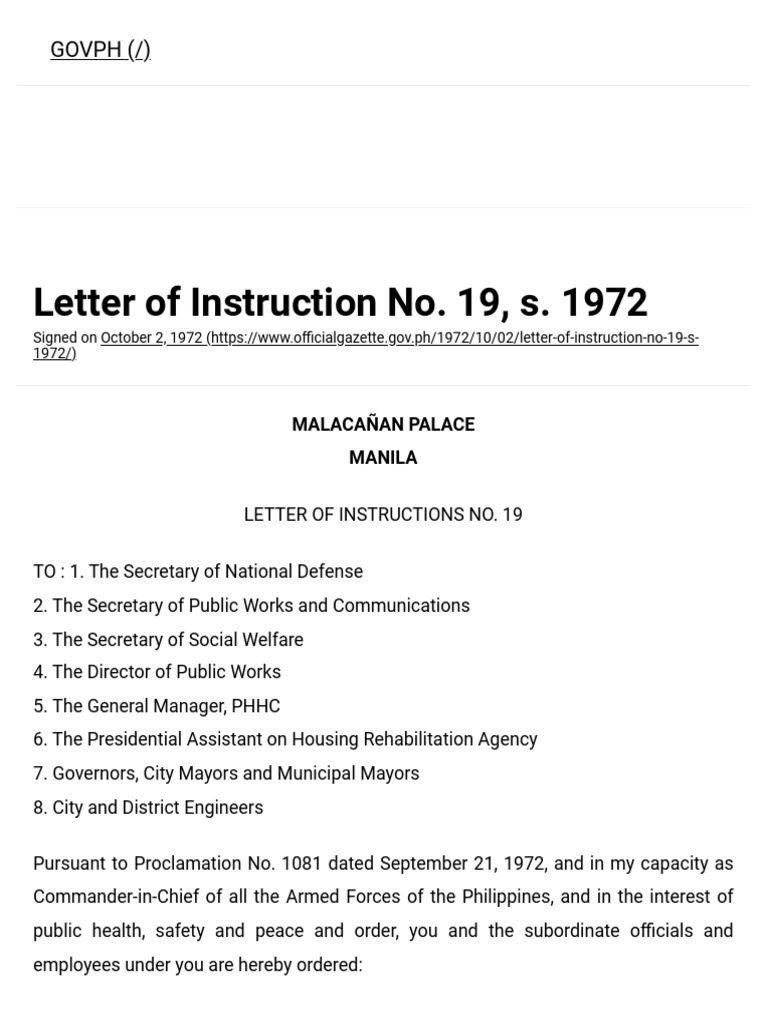 Letter of Instruction No. 19, S. 1972 - Official Gazette of The ...