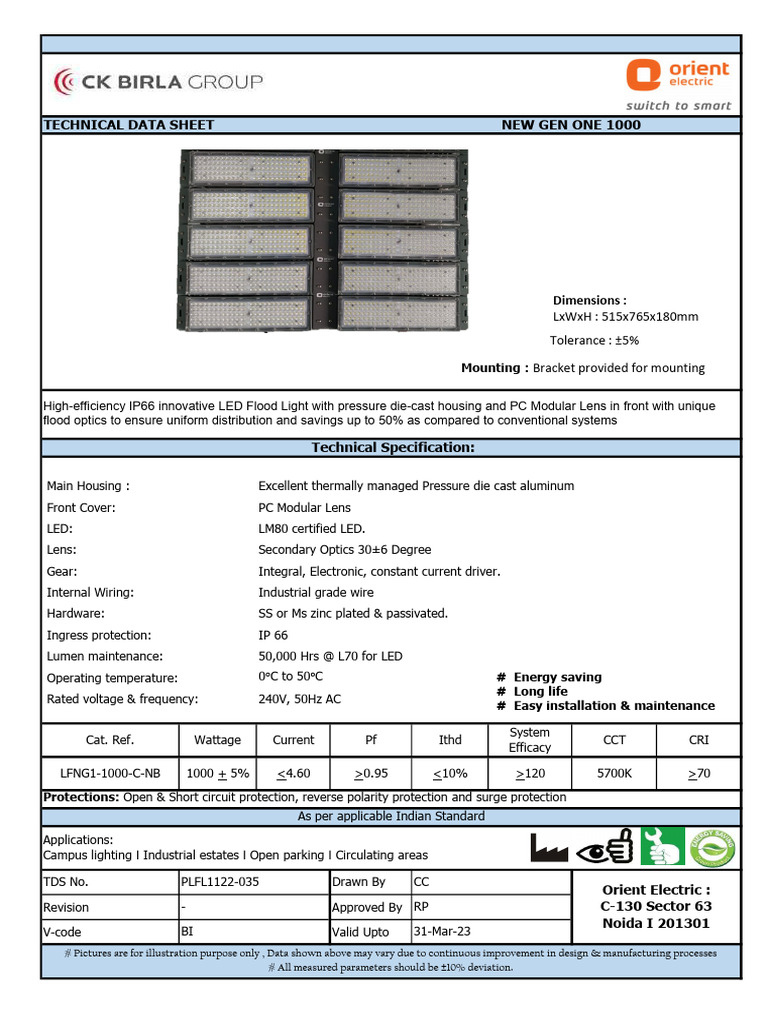 Orient Flood Light 1000 Watt Tds&test Reports | PDF | Light Emitting ...