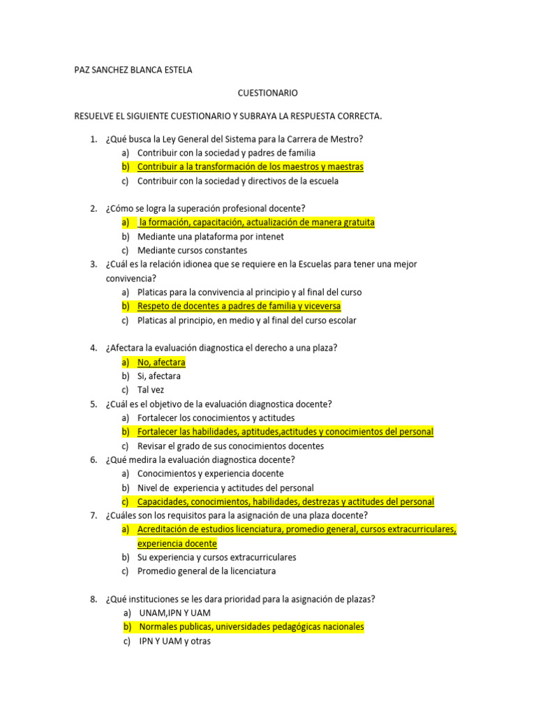 Cuestionario Con Respuestas Correctas | PDF | Maestros