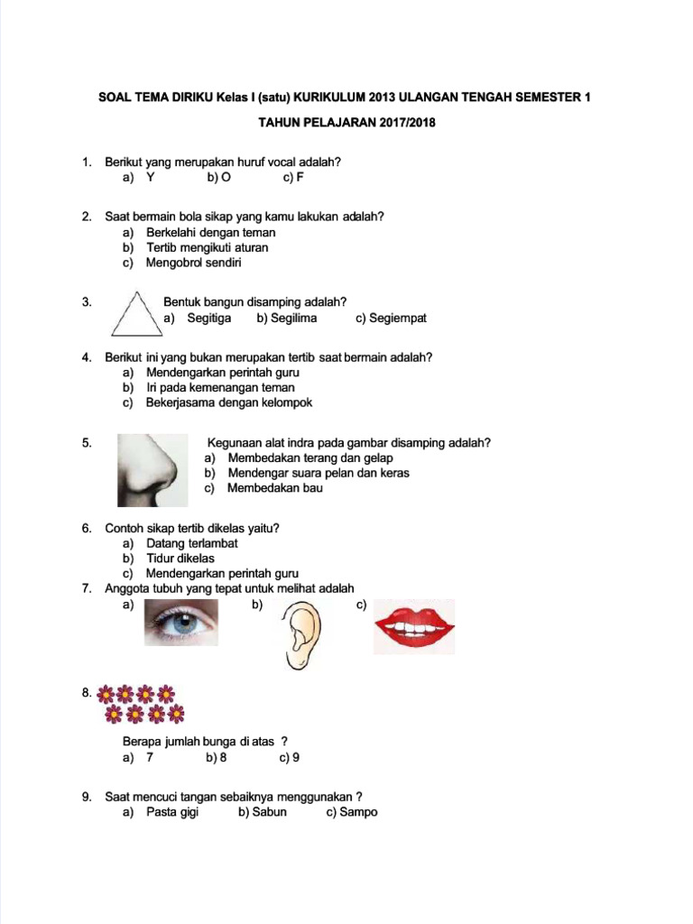 Soal Ulangan Tema Diriku Kelas 1 | PDF