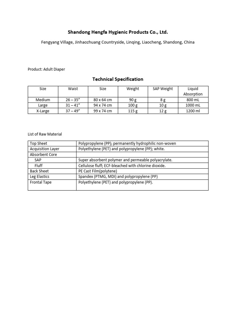 8 - Technical Specification - Diaper | PDF