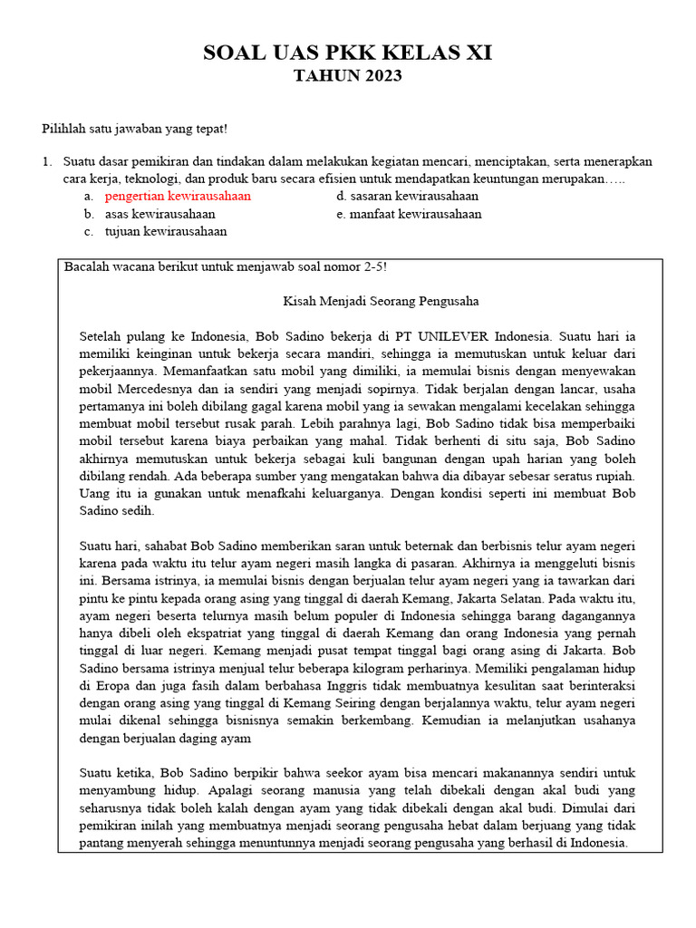 ULANGAN HARIAN PKK | PDF