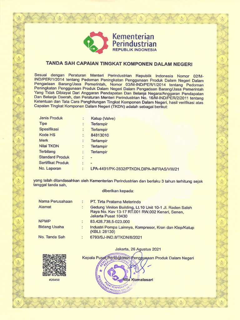 Sertifikat TKDN Swing Check Valve YUTA TPM | PDF