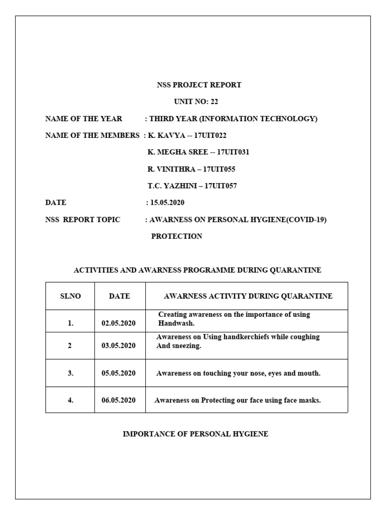 NSS Project Report | PDF | Hand Washing | Medical Specialties