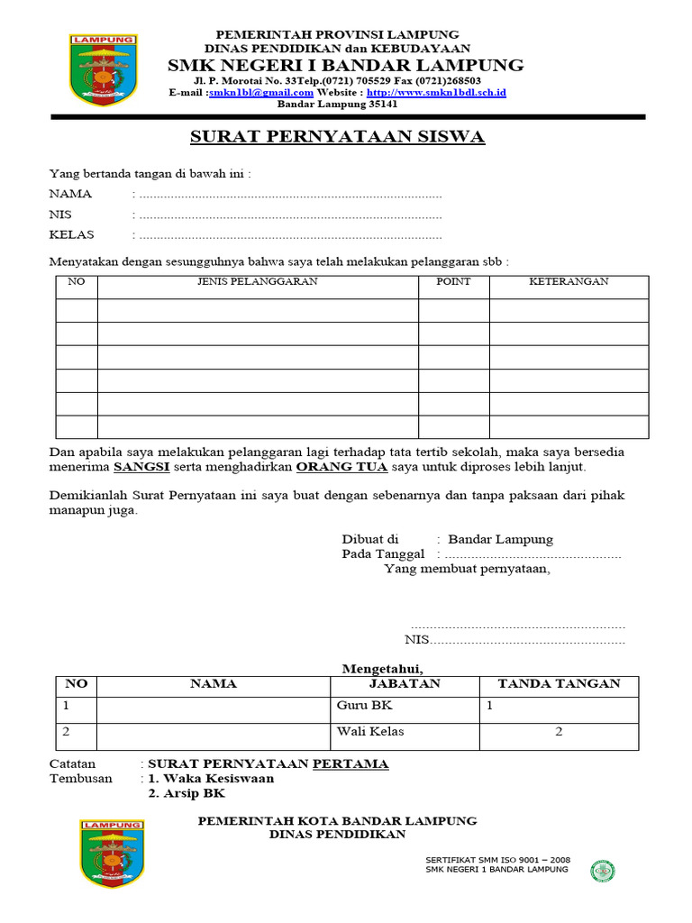 Surat Pernyataan Siswa | PDF