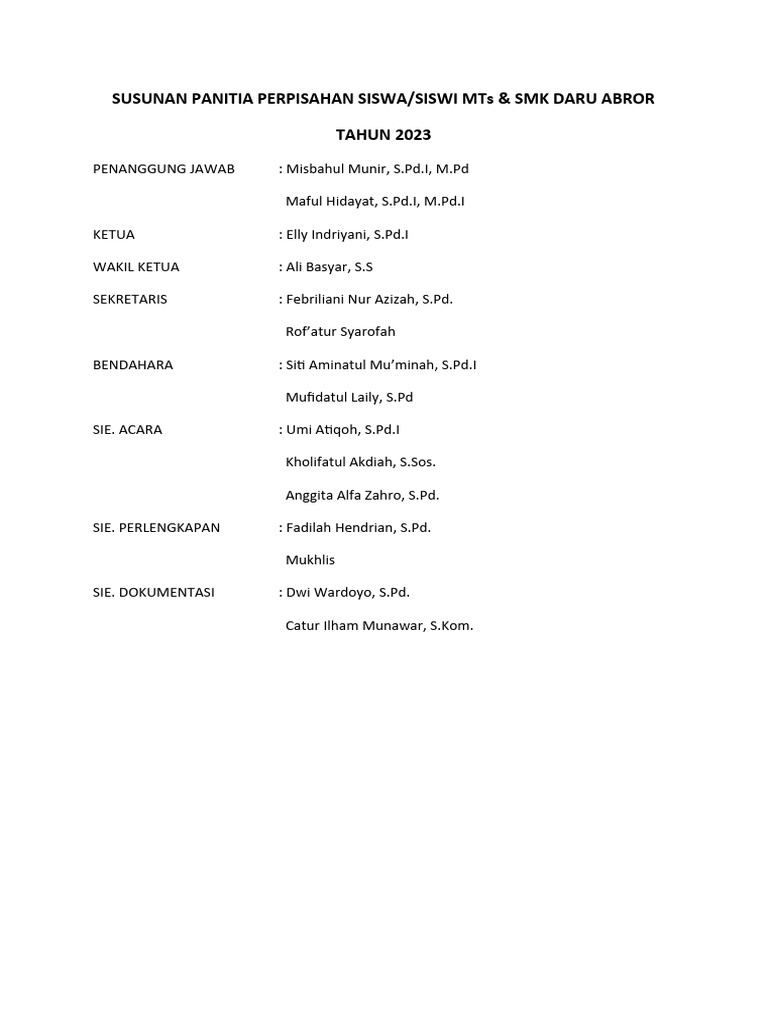 Susunan Panitia Perpisahan Siswa | PDF