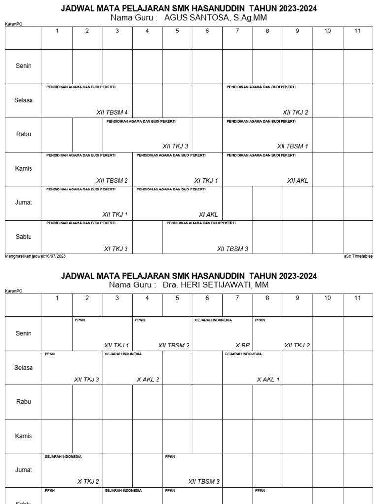 Jadwa Per Guru SMK Hasanuddin Tahun Pelajaran 20232024 | PDF