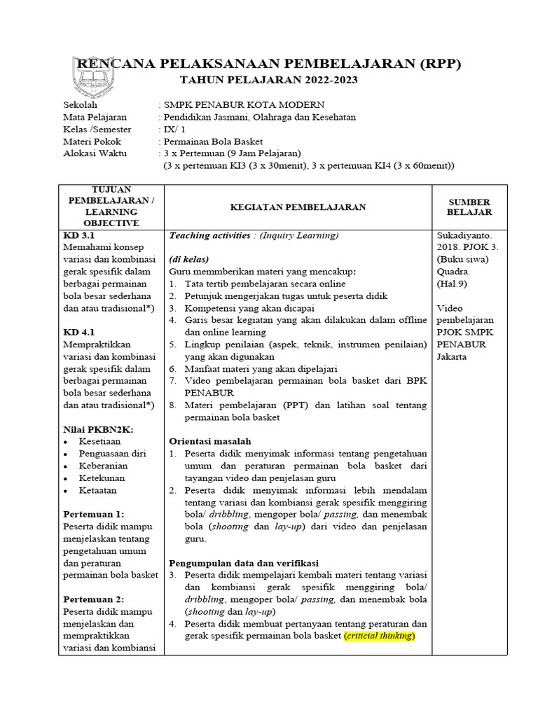 RPP Supervisi 3 Bola basket Kelas 9 Sm1 2022-2023 | PDF