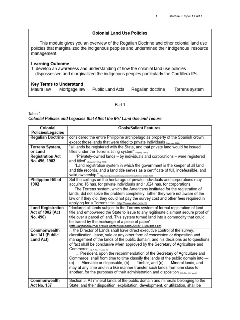 Module 3 Topic 1 Part 1 - Colonial Land Use Policies | PDF
