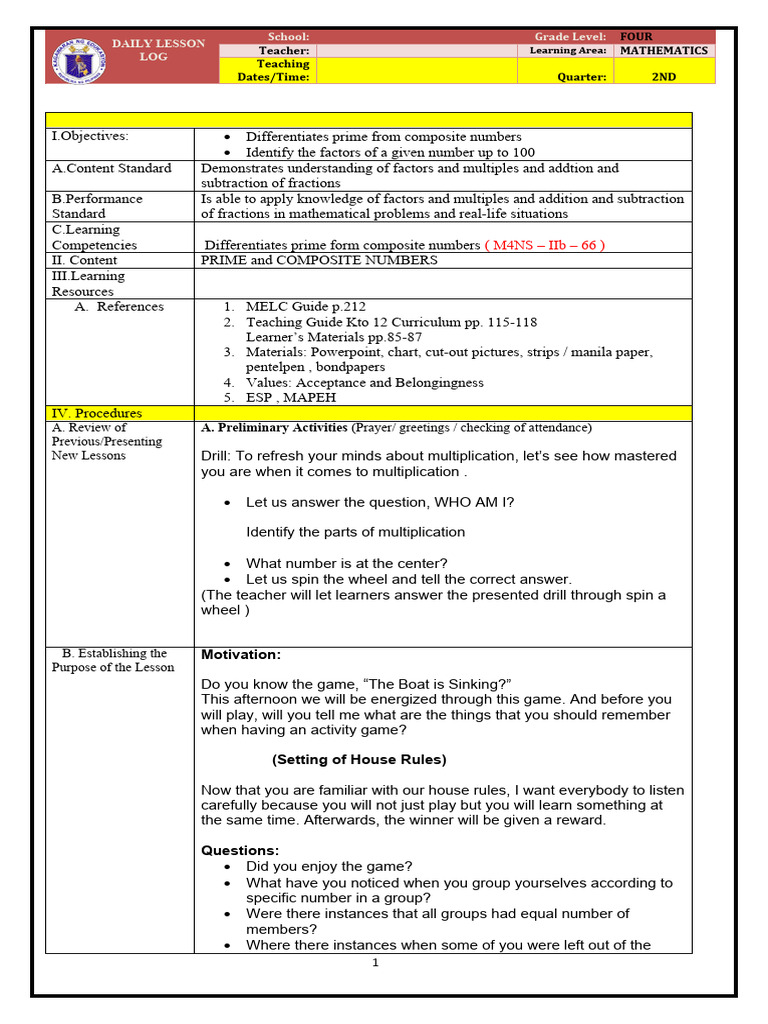 COT 1 - DLP - MATH 4.docx Version 1 | PDF | Learning | Prime Number