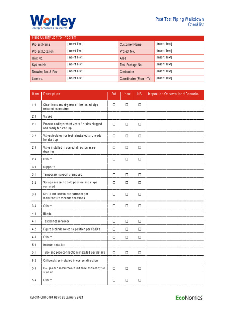 KSI-CM-CHK-0064 Post Test Piping Walkdown Checklist | PDF | Pipe (Fluid ...