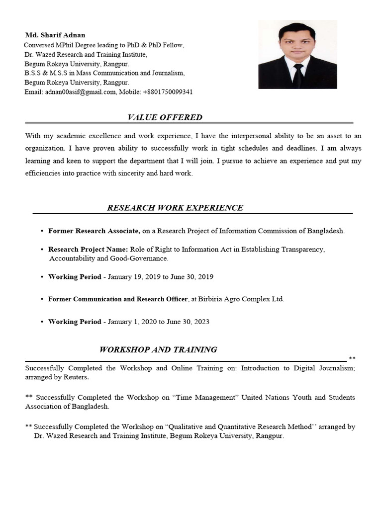 CV of Sharif Adnan 29-10-2023 | Download Free PDF | Doctor Of Philosophy | Social Sciences