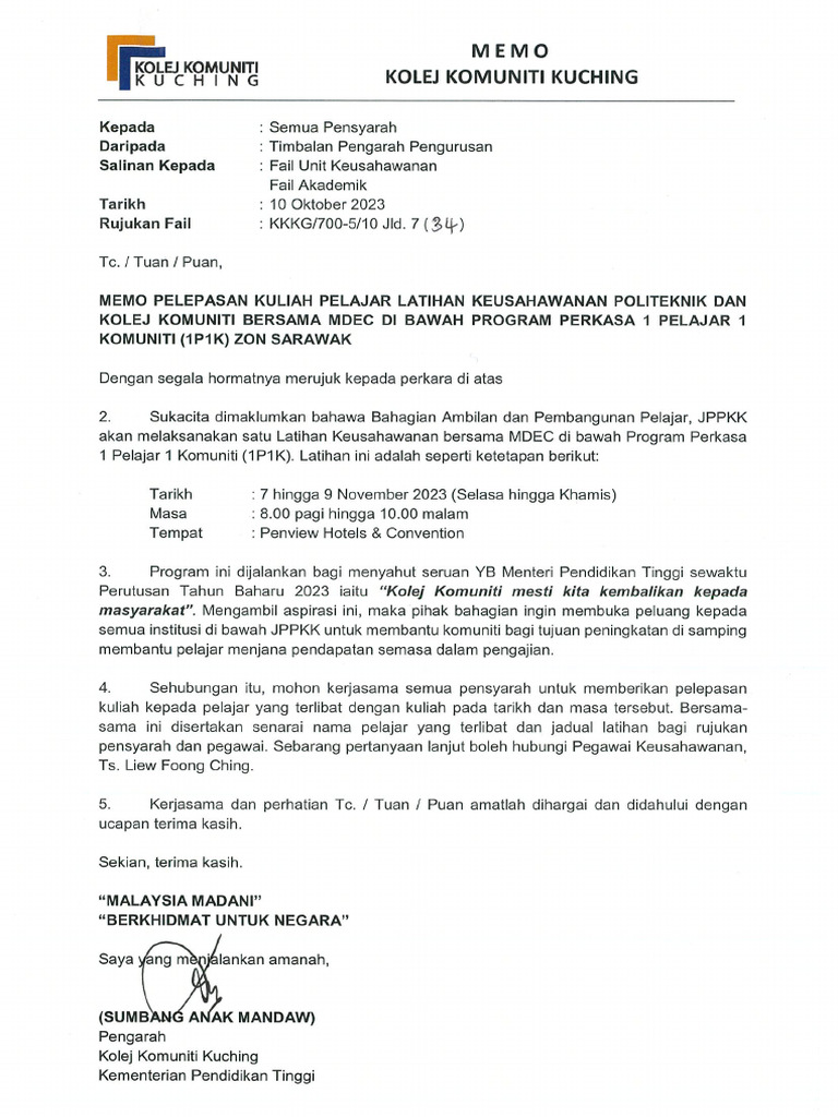 KKKG Memo Pelepasan Kuliah Pelajar Latihan Keusahawanan Politeknik | PDF