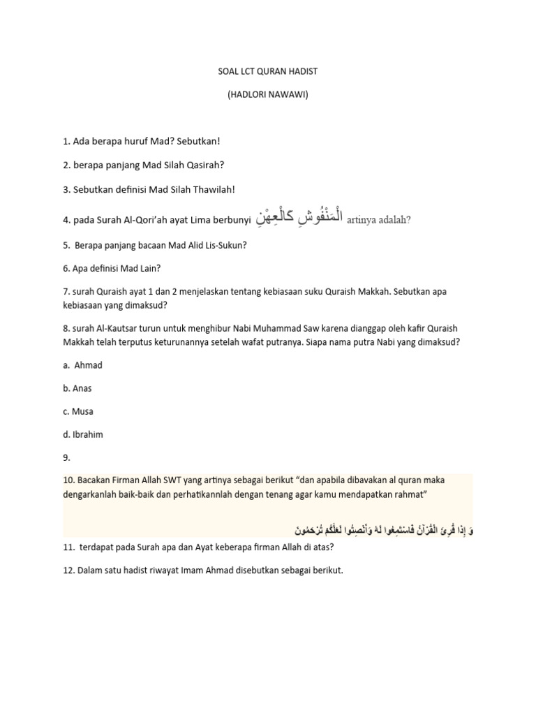 SOAL LCT QURAN HADIST | PDF