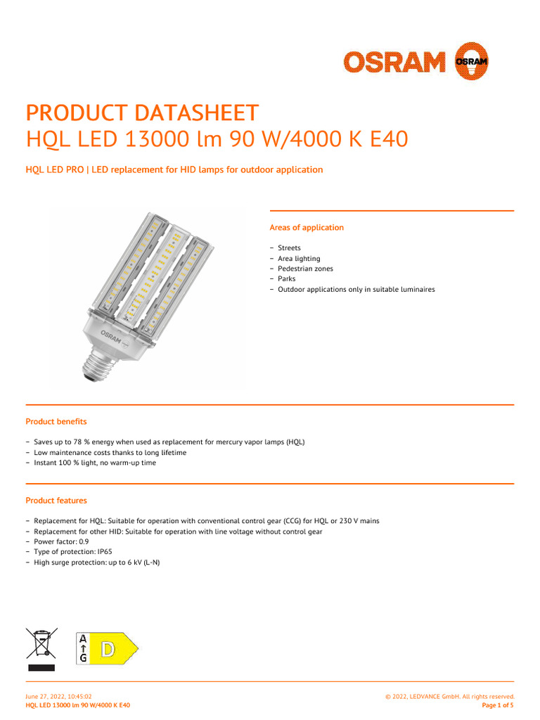 HQL LED 90W E40 Datasheet | PDF | Mains Electricity | Lighting