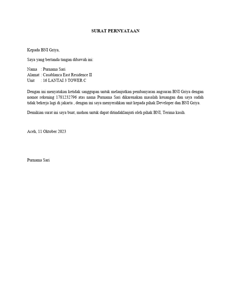 Surat Pernyataan BNI | PDF