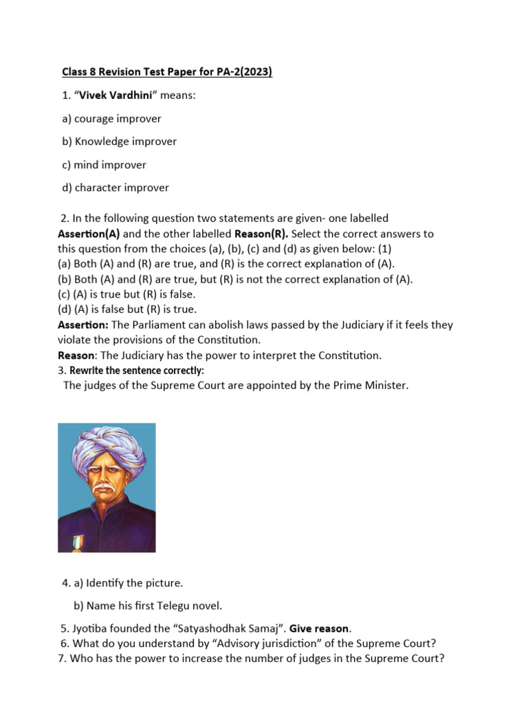 Class 8 Revision Test Paper (PA-2) | PDF | Caste | Governance