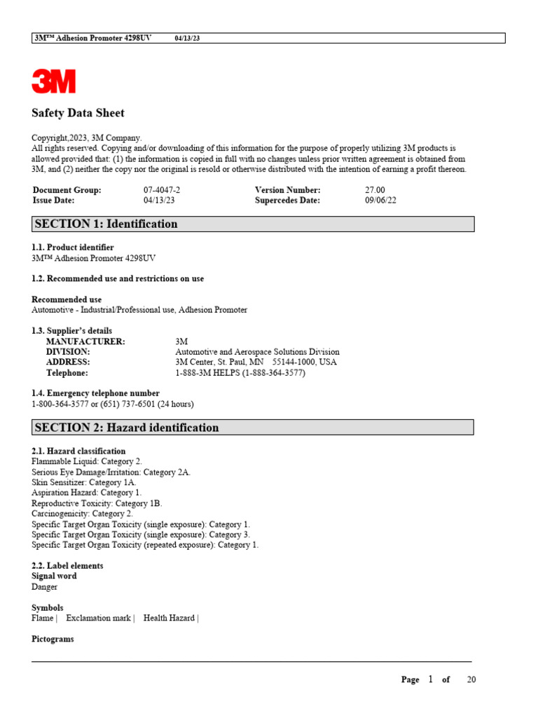 3M Sds Format _ 3M Sds Sheets – Safety Data Sheet SECTION 1 ...