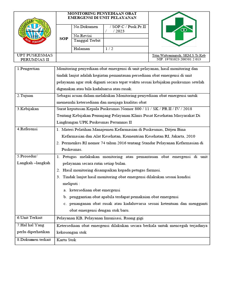 19. MONITORING OBAT EMERGENSI DI UNIT PELAYANAN | PDF