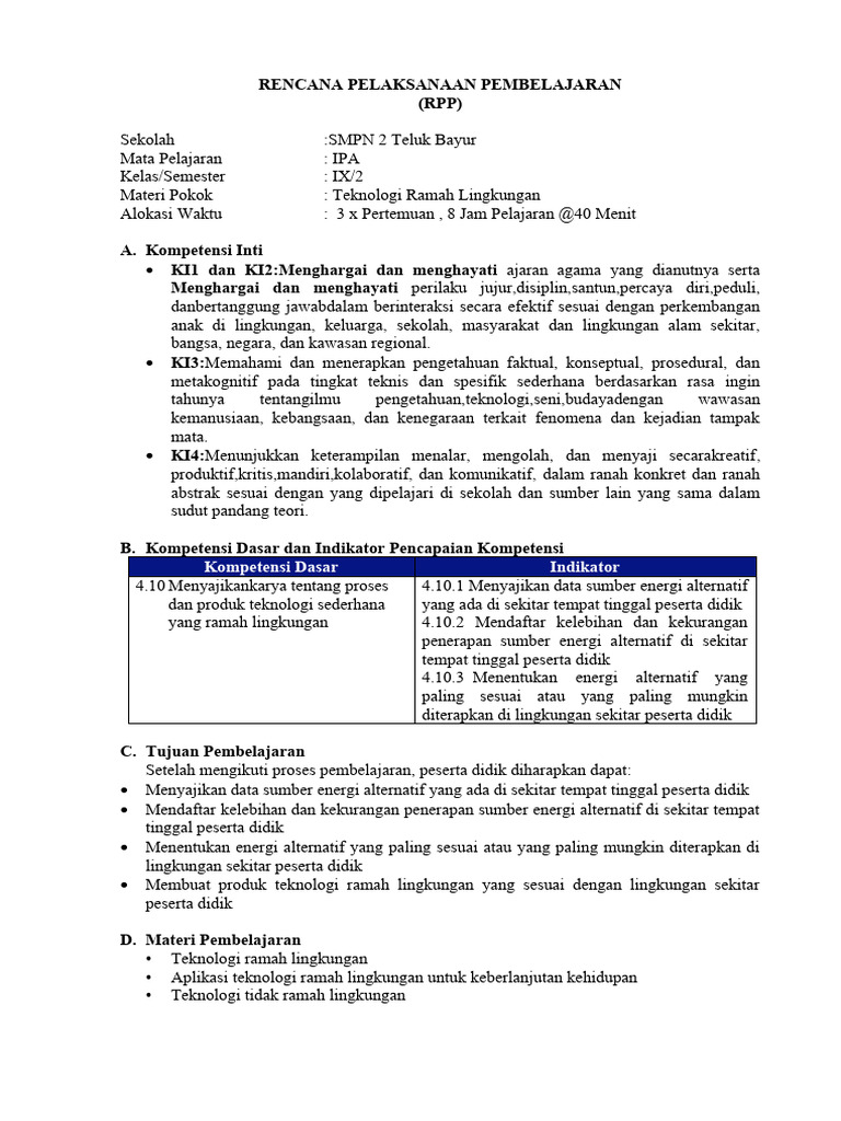 RPP IPA Kelas IX: Teknologi Ramah Lingkungan | PDF