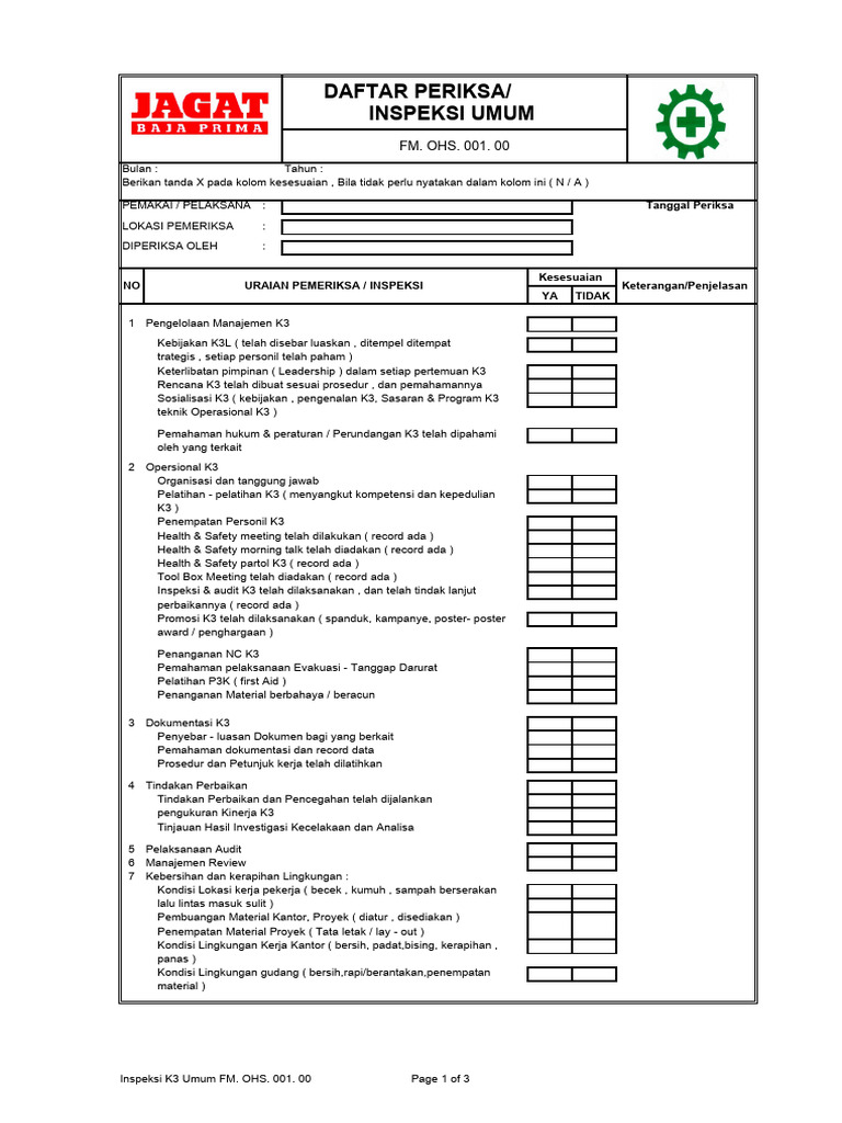Inspeksi K3 Umum dan Peralatan | PDF
