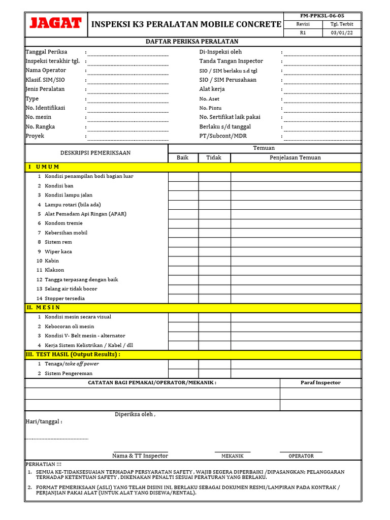 FM-PPK3L-06-05-R1 - Inspeksi K3 Peralatan Mobile Concrete | PDF