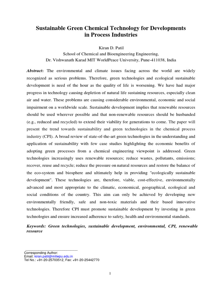 Sustainable Green Chemical Technology For Developments in Process ...