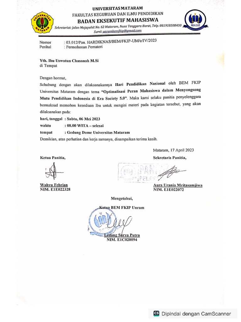 Surat Permohonan Pemateri Hardiknas Bem Fkip Unram | PDF