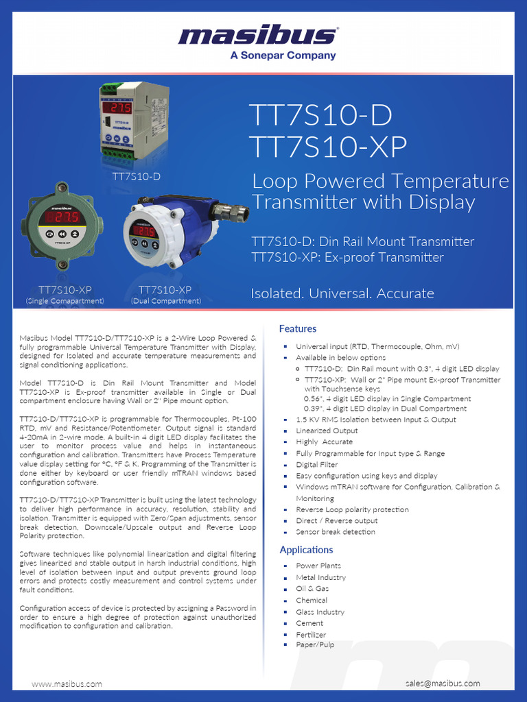 Masibus TT7S10-D & TT7S10-XP Loop Powered Temperature Transmitter With ...